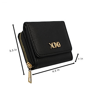 XOXO Women’s Wallet Mini Black Saffiano Zip Around Graffiti Print Indexer With Chain Crossbody Strap