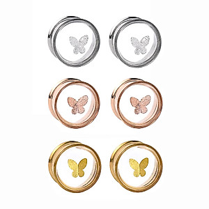 Jboyanpei 6Pcs/3pair Cute Butterfly Ear Gauges Plugs Stretching Kit Tunnels Stainless Steel Screw on Double Flared Expander Size 10mm