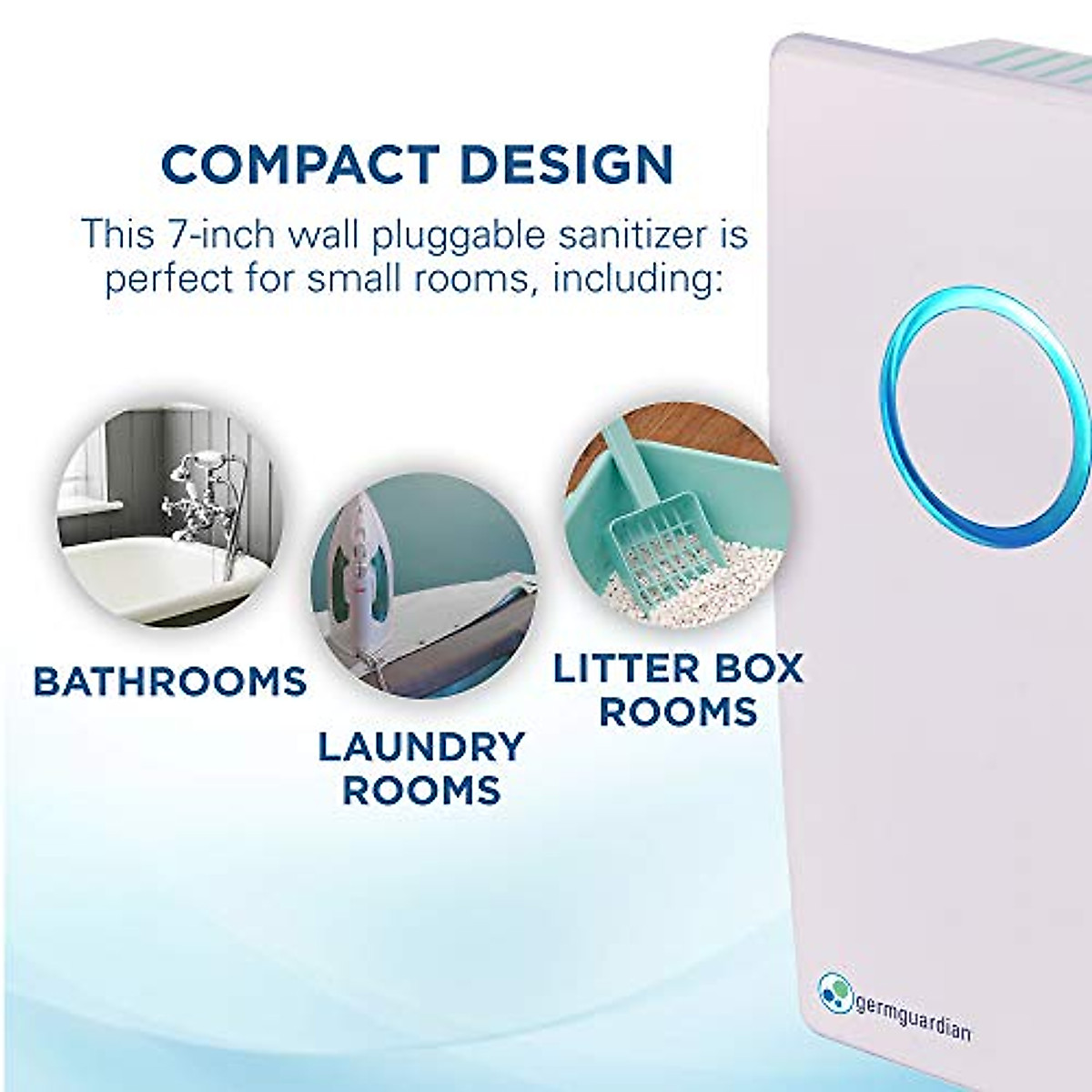 Germ Guardian GG1100W 7” Pluggable Small Air Purifier, Small Room Wall Air Sanitizer, Freshens Air, UV-C Light Kills Germs, Reduces Odors from Pets, Cooking, Mold, GermGuardian, 1-Yr Wty (White)