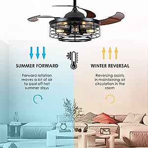 Asyko Retractable Ceiling Fans with Lights and Remote-Caged Farmhouse Ceiling Fan Lights Black, Rustic Industrial Ceiling Fan with Light for Patio Living Room Bedroom（42'' Bulb Included）