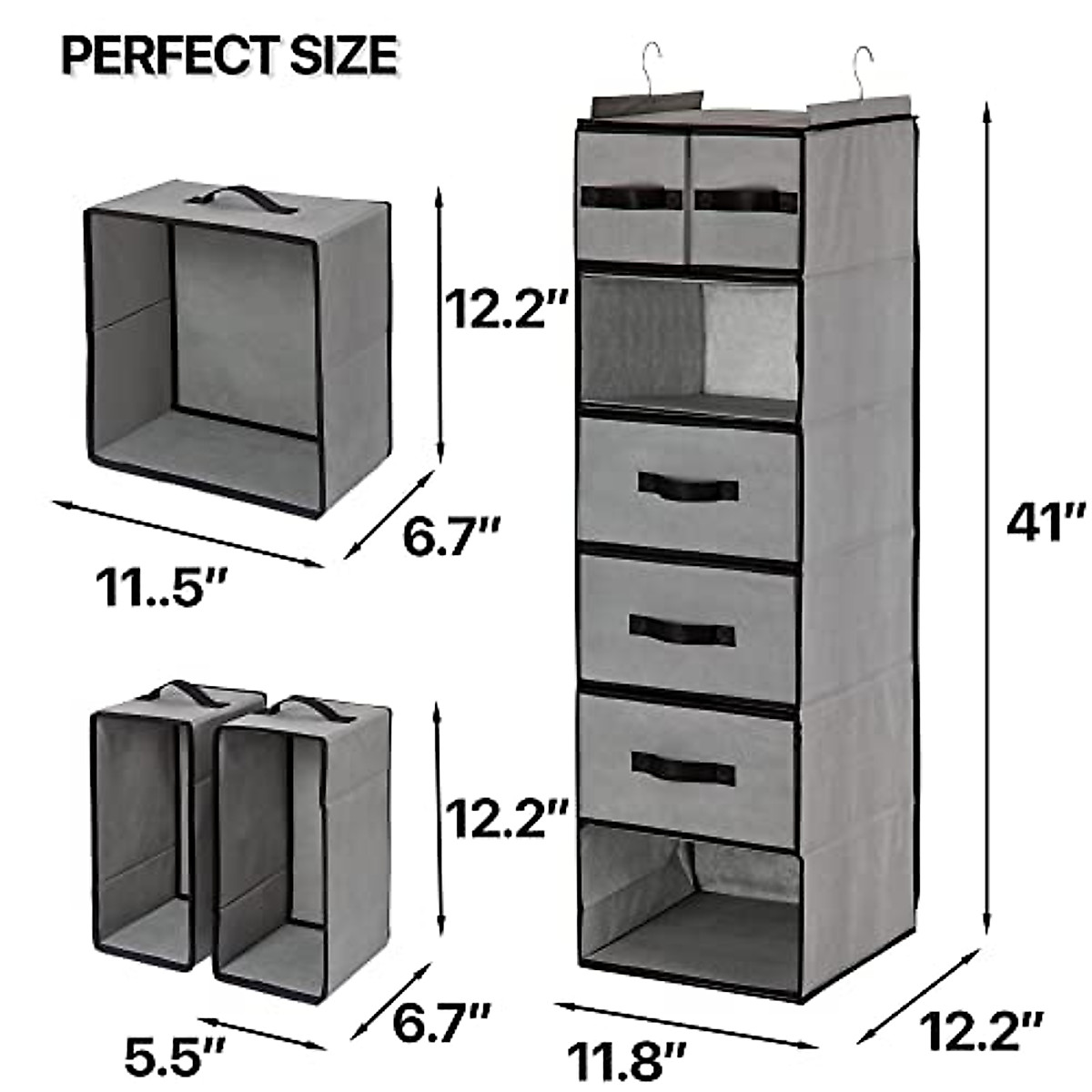 6-Shelf Hanging Closet Organizer With 4 Drawers - 6 Hanging Closet Shelves and 4pcs Removable Closet Drawers For Better Closet Organization - Bedroom, RV Wardrobe, Dorm Room, Baby Nursery Essentials