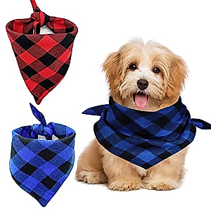 2 Pack Cotton Bandanas Handkerchiefs Scarfs Triangle Bibs - Outdoor Dog Scarf Washable Cotton Checkered Pet Bandanas for Small Medium Large Dogs (Red & Blue)