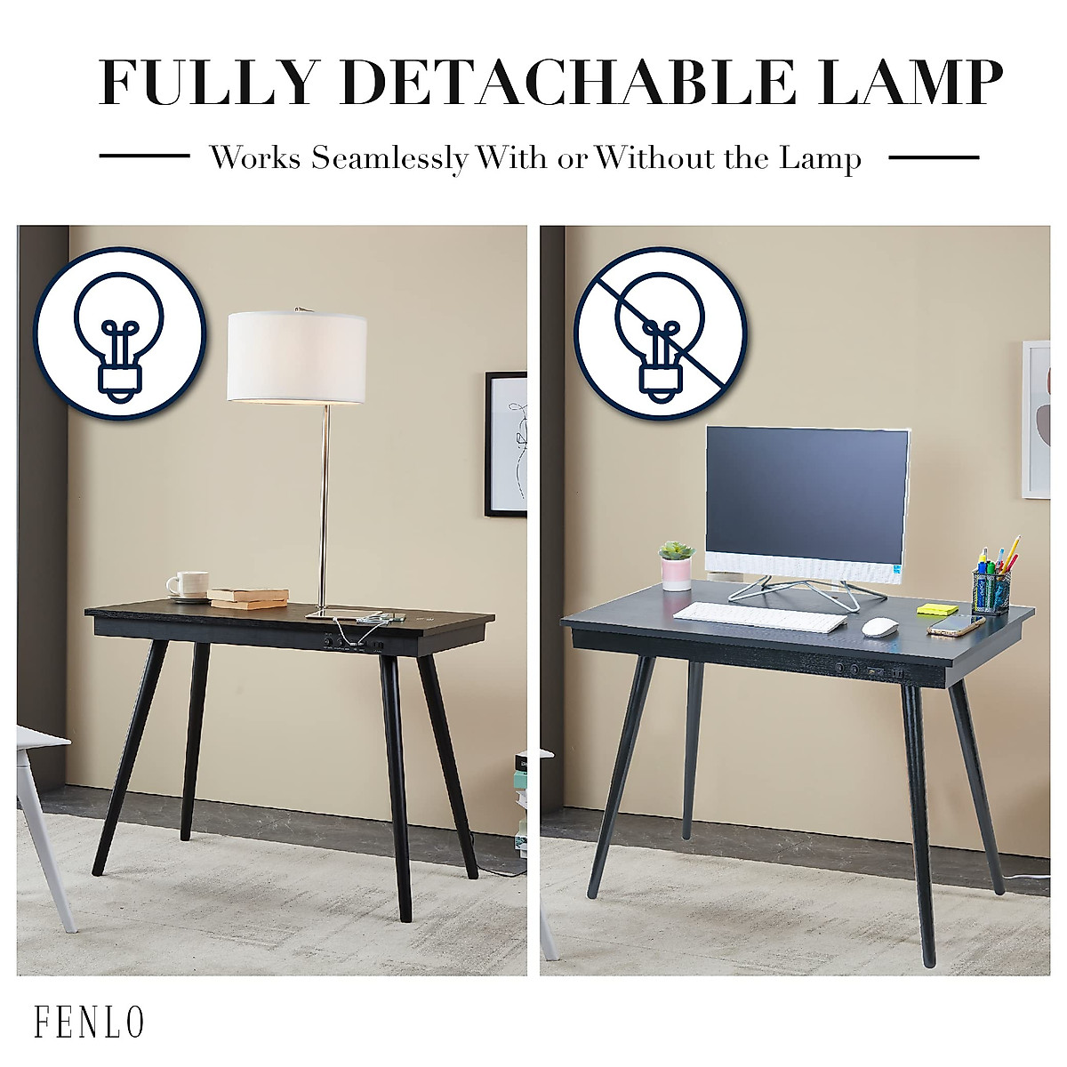 FENLO Future - 39” Modern Desk with USB-C Charging Station, Mid Century Modern Desk with Fast Charging USB-A, USB-C, and Qi Wireless Charging