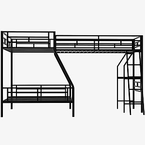 Triple Bunk Beds Twin Over Full Bunk Bed Attached a Loft Bed with Desk L-Shape Triple Loft Bed Metal Frame for Dorm, Boys & Girls Teens Kids Adults, Black