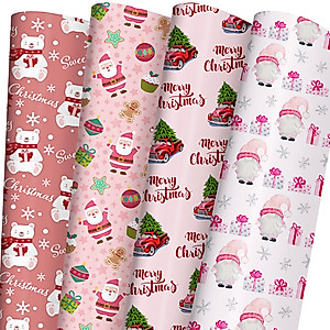 SaringSwoon Pink Christmas Wrapping Paper for Boys Girls Kids - Xmas Gift Wrap With Santa, Gnome, Rustic Red Trucks, Polar Bear on Pink Designs - 40×28 Inches, 6 Folded Sheets