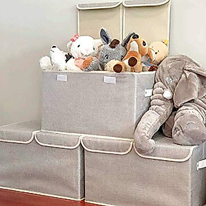 EZOWare Large Storage Boxes [3-Pack] Large Linen Fabric Foldable Storage Cubes Bin Box Containers with Lid and Handles for Home Nursery, Closet, Baby Products (Silver Gray)