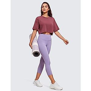 CRZ YOGA Women's Pima Cotton Workout Crop Tops Short Sleeve Yoga Shirts Casual Athletic Running T-Shirts Misty Merlot Small