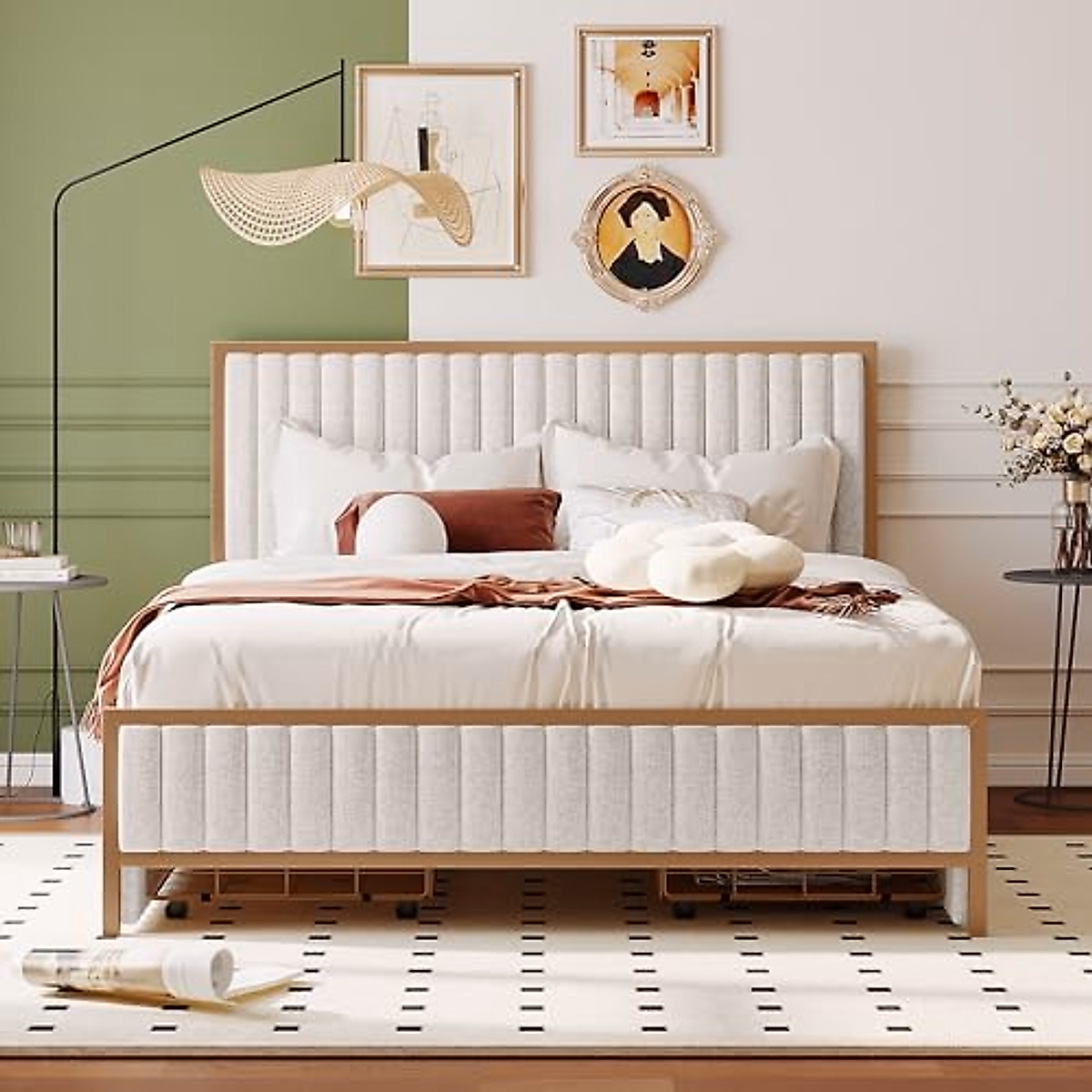 HBRR Queen Size Upholstered Bed with 4 Storage Drawers, Metal Platform Bed Frame with Button Tufted Headboard, Heavy Duty Mattress Foundation, No Box Spring Needed, Beige