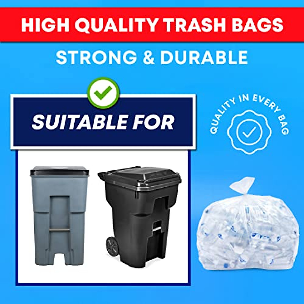 95-96 Gallon Clear Trash Bags, (Value 25 Bags w/Ties) Extra Large Clear Plastic Garbage Bags, 61"W x 68"H.
