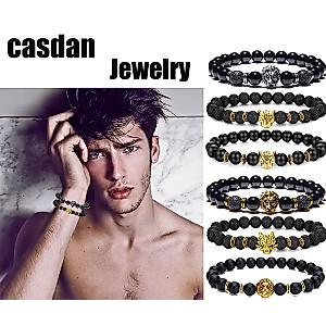CASDAN 12Pcs 8MM Lava Rock Stone Bead Bracelet for Men Women Dragon/Lion/Panther Leopard Head Bracelet Charm Bracelets Set Adjustable