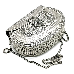 Jiya Indian Brass Handmade Bridal Women's Antique Brass Purse Ethnic Metal Clutch Gift (Silver)