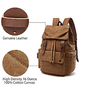 Canvas Backpack Rucksack Genuine Leather Casual Daypack Schoolbag College Bookbag for Men Women Outdoor Cycling Hiking Travel Laptop School Black