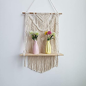 BLUETTEK Macrame Wall Hanging Shelf, Wood Hanging Shelf Organizer Hanger, Handmade Cotton Rope Bohomia Woven Home Wall Decor (Flower)