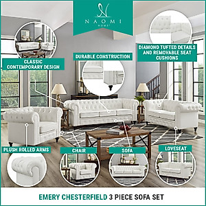 Emery Chesterfield 3 Piece Living Room Sectional Sofa Set with Rolled Arms, Tufted Cushion Sofas for Living Room Set Includes Sofa, Loveseat Couch, Accent Arm Chair / Easy Tool-Free Assembly – Caramel