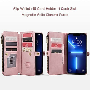 Defencase for iPhone 13 Pro Max Phone Case, iPhone 13 Pro Max Case Wallet for Women, Durable PU Leather Magnetic Flip Lanyard Strap Wristlet Zipper Card Holder, Rose Pink