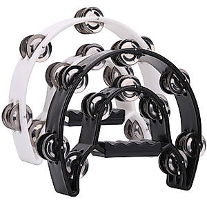 2Pack 10" Double Row Tambourine for Adult, Half Moon Musical Tambourine 20 Metal Jingles Hand Held Percussion Drum, Plastic Musical Percussion Tambourines for Adults, Church, KTV, Party, Black & White