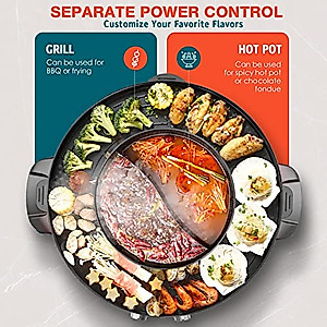 Hot Pot with Grill, 2000W 2 in 1 Electric Hot Pot Grill Cooker with Dual Temperature Control for 1-8 People, Multi-function Smokeless Shabu Korean BBQ Grill for Simmer, Boil, Fry, Roast (Black)