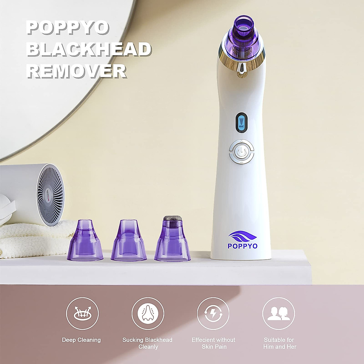 Blackhead Remover, POPPYO Blackhead Vacuum, Electric Facial Vacuum Cleaner, Pore Vacuum Extractor Tool, Comedo Removal Beauty Suction Device for Women(Purple)