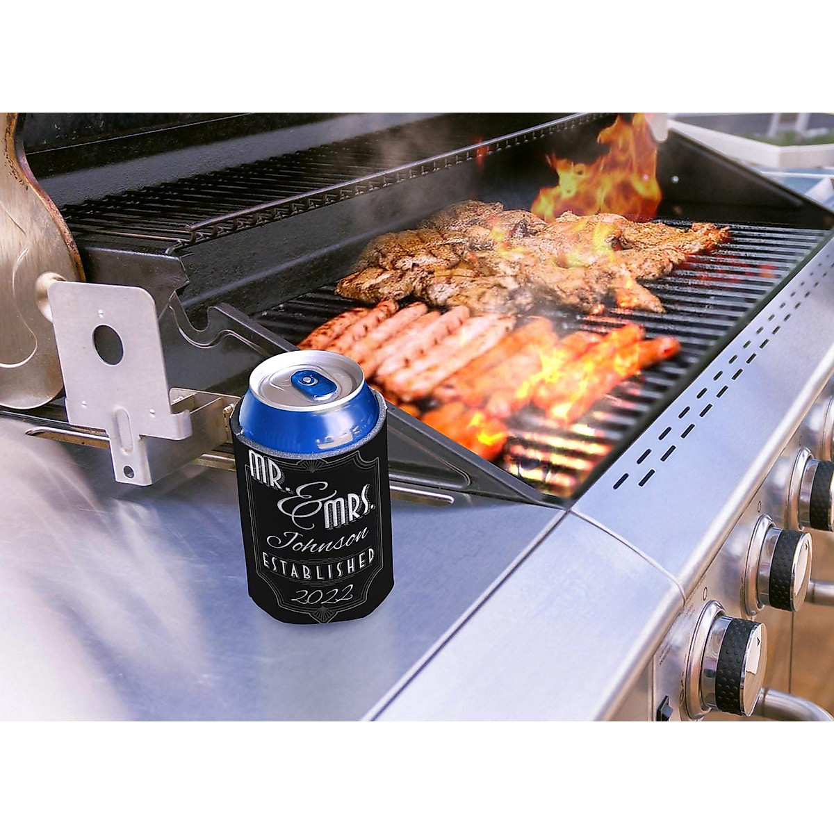 Engagement Party Favor For Women Mr & Mrs Custom Name and Established Date 2-Pack Personalized Can Coolie Drink Coolers Coolies Black