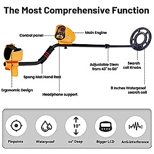 Metal Detector with Shovel for Adults, Pinpoint Gold Detector with LCD Display, Advanced DSP Chip, 10'' Detection Depth, 5 Search Modes, IP68 Waterproof for Treasure Hunting