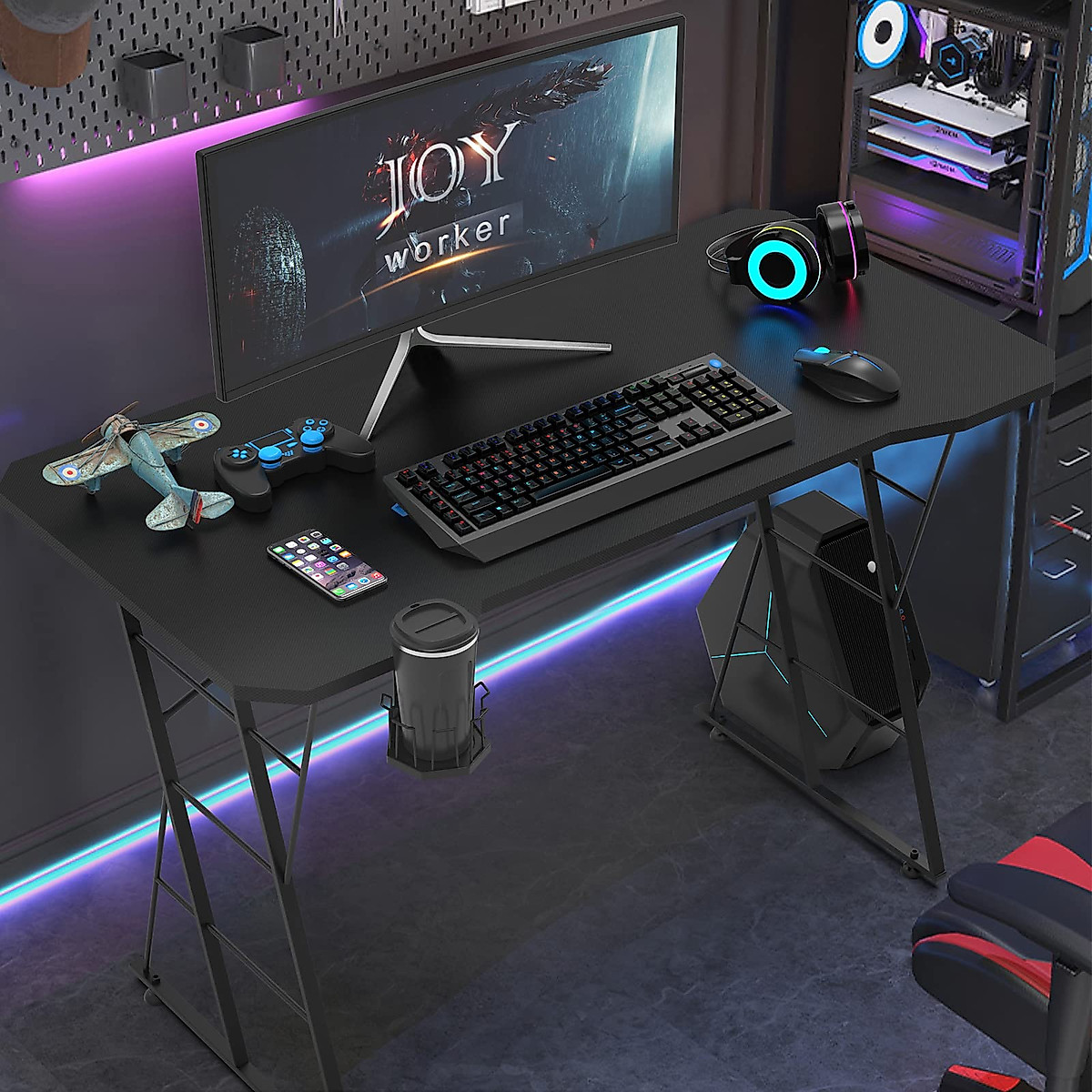 JOY worker Gaming Desk with LED Lights, 47 Inch Gamer Desk Carbon Fiber Desktop, Game Desk with Cup Holder, Home Office Gaming Room Workstation, Black
