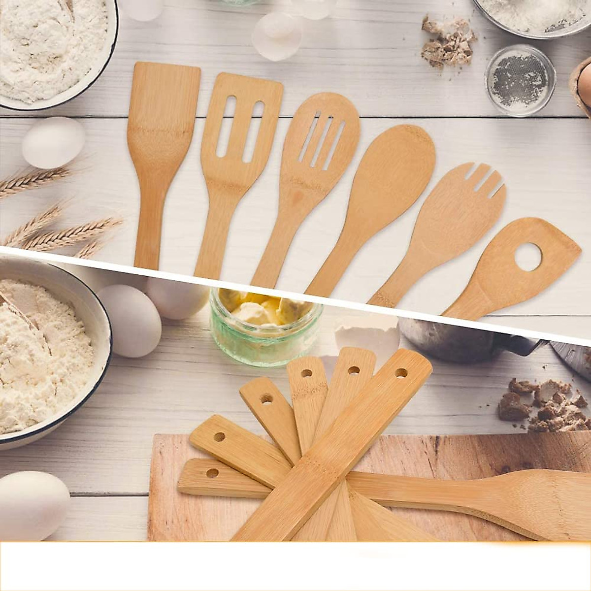 6pcs Wooden Spoons for Cooking Wooden Kitchen Cookware Spatula Spoon Slotted Spatula Salad Fork Nonstick Kitchen Utensil Set Accessories