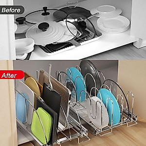 RITSU Slide Out Pan and Pot Lid Organizer for Cabinet, Kitchen Pull Out Pot Lid Rack Pantry Cutting Board Bakeware Cookware Holder - 11in. W x 21in. D - Chrome