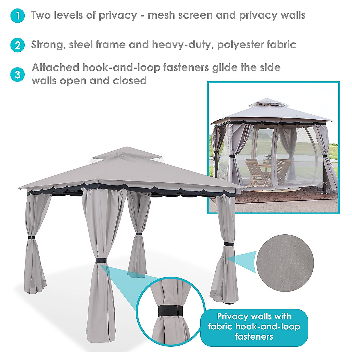 Sunnydaze Soft-Top Patio Gazebo - 10x10 Foot Rectangle Outdoor Gazebo with Screens and Privacy Walls - Gray - Perfect for Backyard, Garden or Deck