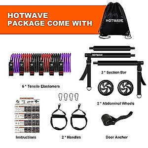HOTWAVE Pilates Bar Kit with Resistance Bands. Fitness Bar with Ab Roller for Abs Workout. Squat Machine.Core Strength Training Equipment.Portable Home Gym for Men and Women