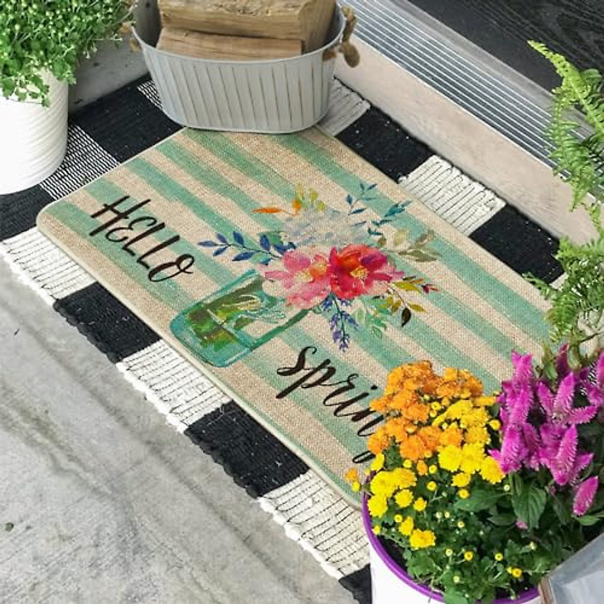 Artoid Mode Watercolor Stripes Hello Spring Doormat, Seasonal Holiday Home Low-Profile Floor Mat Switch Mat for Indoor Outdoor 17 x 29 Inch