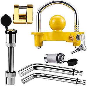 Trailer Hitch Security Lock Set Including Yellow U-Shaped Universal Ball Hitch Lock #72783, 1/2" and 5/8" Receiver Hitch Pin Lock, Golden Trailer Hitch Lock Coupler Locking Pin, Share the Same 2 Keys