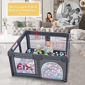 Baby Playpen, Playpen for Babies and Toddlers Indoor & Outdoor Kids Activity Center with 50 Ocean Balls Small Baby Playard Breathable Mesh Kids Safety Play Area, 47in x 47in (Dark Gray)