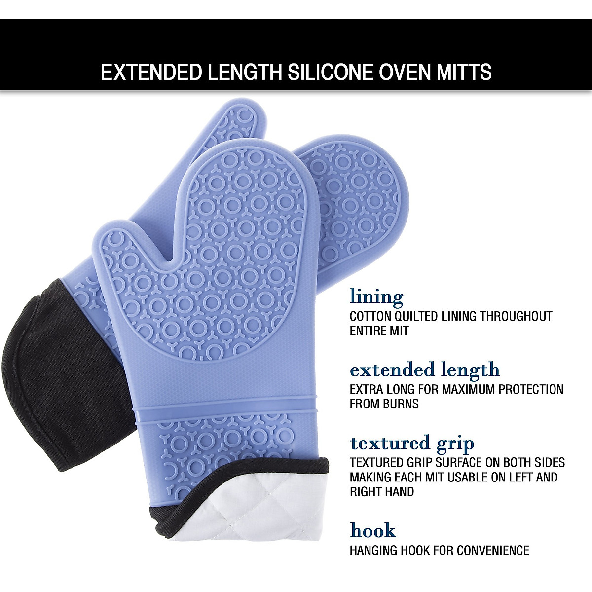 Silicone Oven Mitts – Extra Long Professional Quality Heat Resistant with Quilted Lining and 2-sided Textured Grip – 1 pair Blue by Bedford Home
