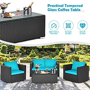 Tangkula 4 Piece Patio Rattan Conversation Furniture Set, Outdoor Wicker Sofa Set with Padded Cushion & Tempered Glass Coffee Table, Wicker Sectional Sofas and Table for Courtyard (1, Turquoise)