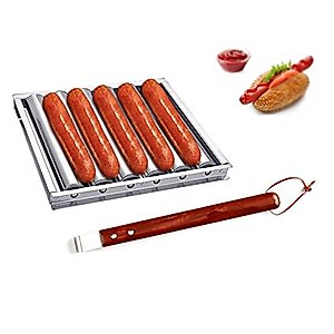 i Kito Charcoal Stainless Steel Hot Dog Sausage Roller Rack Steamer with Extra Long Wood Handle New BBQ Tools 5 Section Brat Griller