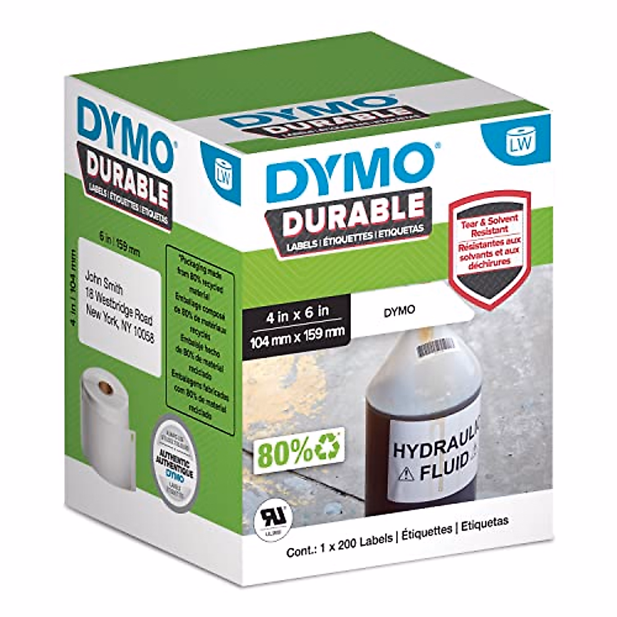 DYMO LW Durable Industrial Labels for LabelWriter 4XL Label Printers, White Poly, 4-1/16” x 6-1/4”, Roll of 200 (1933086)