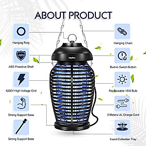 Keylitos 4200V Electric Bug Zapper, Fly Trap, Mosquito Exterminator Indoor Outdoor, Mosquito Repellent Trap, Insect Killer with 18W UV Bulb, Stainless Hangable Chain and Ring, for Home Use, Backyard