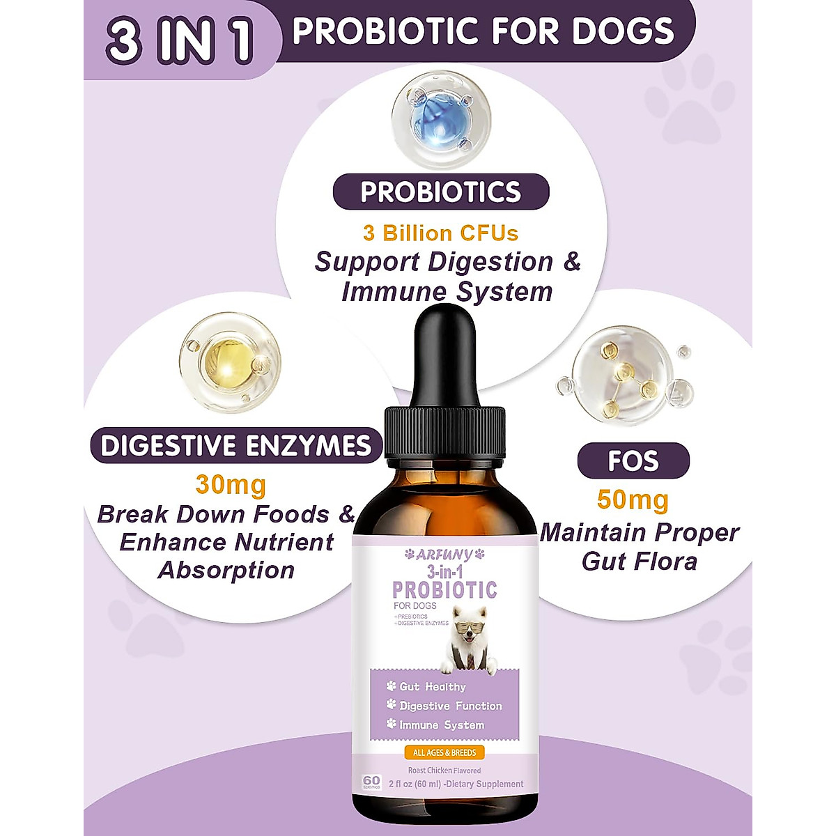 Probiotics for Dog | 60ML Liquid Probiotics for Dogs Support Gut Flora, Digestive Health & Diarrhea| Dog Digestive Enzymes & Prebiotics | Dogs Probiotics Allergies & Itchy Skin Relief | Roast Chicken