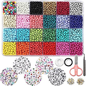 OUTUXED 7200pcs 4mm Glass Seed Beads for Bracelets Making Kit 300pcs Alphabet Letter Beads for Jewelry Making and Crafts with Elastic String Cords, Tweezers and Accessories DIY Material