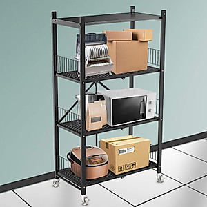 GLANDU 4-Shelf Collapsible/Foldable Heavy Duty Shelving Unit, Steel Organizer Wire Rack with Wheels, Rolling Cart, Home Kitchen Laundry Closet Storage(4-Tier)