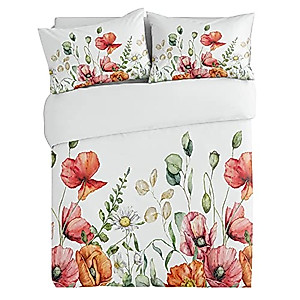 Twin 3 Piece Bedding Set,Red Poppy Flower on White Breathable Duvet Cover Super Soft Pillow Shams,Farm Green Eucalyptus Leaf Washable Bed Sets All Seasons for Bedroom Dorm Hotel RV
