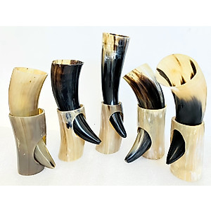 5x Viking Drinking Horn Cups | Viking gift for men 100% Natural Norse Goblet Ale Mead Beer mug Wine with Stand 10oz (9"-12")