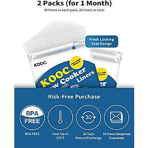 KOOC Slow Cooker Liners 14"x22" 20 Count Extra Large Size Disposable Pot Liners Cooking Bags Fit 6 qt to 10 qt Pot BPA Free Fresh Locking Seal Design