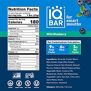 IQBAR Brain and Body Plant Protein Bars - Wild Blueberry - 12 Count, Low Carb, High Fiber, Gluten Free, Healthy Vegan Snacks - Low Sugar Keto Bar Pack