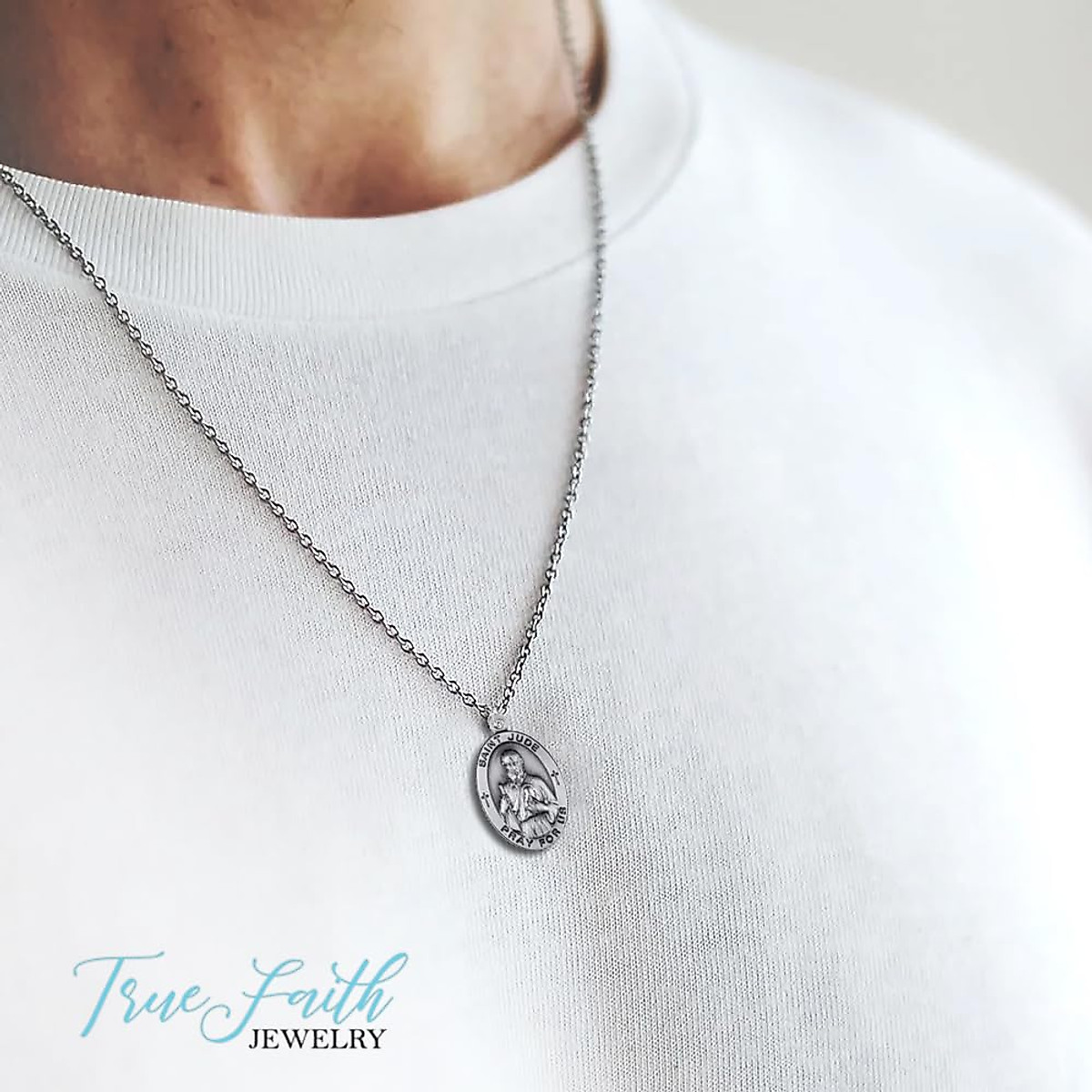 TrueFaithJewelry St Jude Necklace Patron Saint of Lost Causes Pendant Sterling Silver Oval Medal Religious Catholic for Women and Men, 7/8 Inch