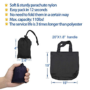 BROWINT Nylon Reusable Grocery Bag (3 pack), Nylon Heavy Duty Tote Bags 110 lbs, 19"x 19" Large Shopping bag, Foldable