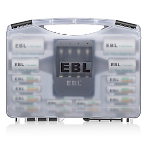 EBL Black Batteries Box Include : Rechargeable 8 AA Batteries + 4 AAA Batteries + 40Min iQuick Battery Charger and 2Pcs C/D Converters with Battery Storage Organizer