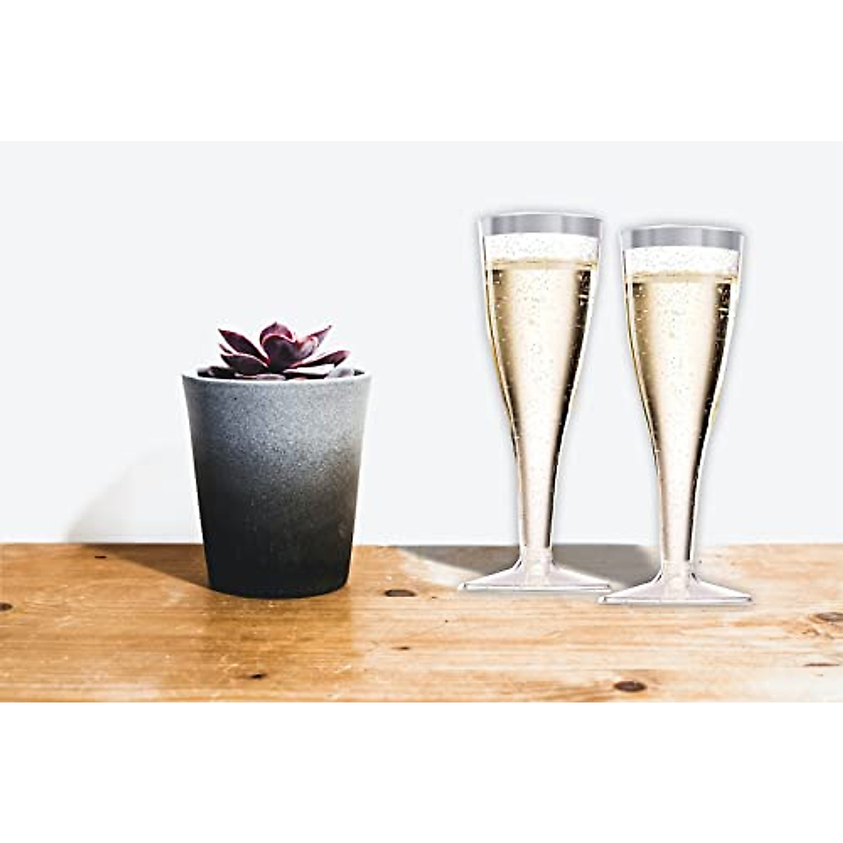 BloominGoods 50 Plastic Silver Glitter Champagne Flutes | 7 oz. Clear Hard Disposable Party & Wedding Glass | Premium Heavy Duty Fancy Cup (50-Pack)