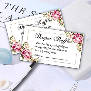 Diaper Raffle Tickets for Baby Shower (50 Count) 3.5" x 2" with Name Line, Pink Flower Design