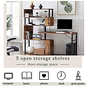 Merax, Brown L Shaped Corner Desk with Shelves and Storage, Rotating, 5-Tier Bookcase, Multi-Functional Office Workstation